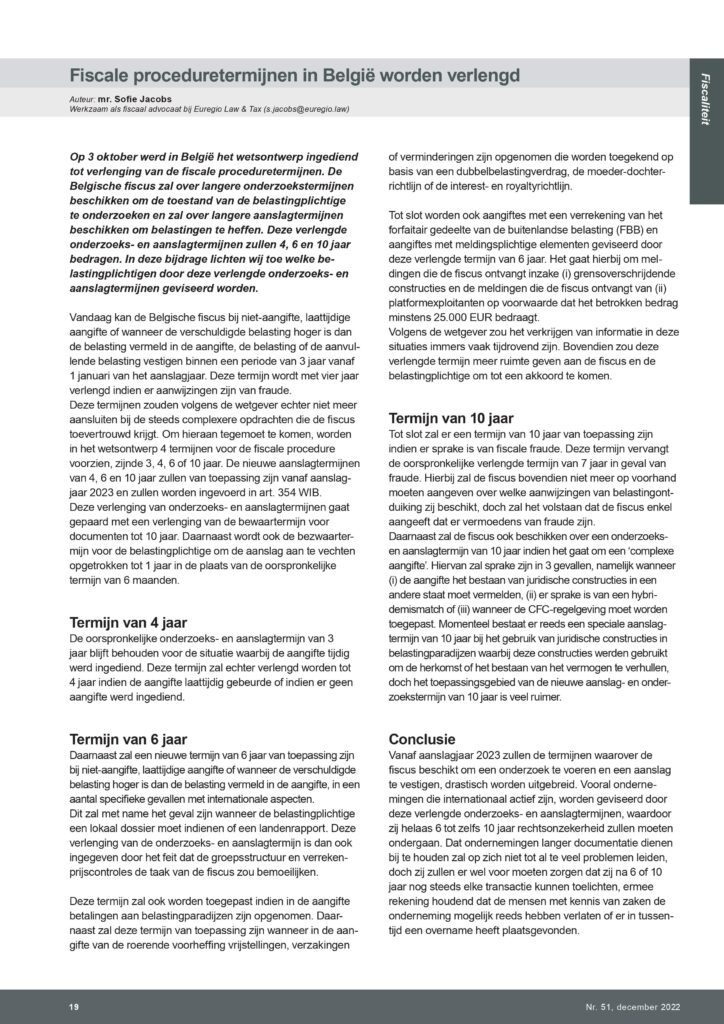 Fiscale proceduretermijnen in België worden verlengd | Euregio Law & Tax